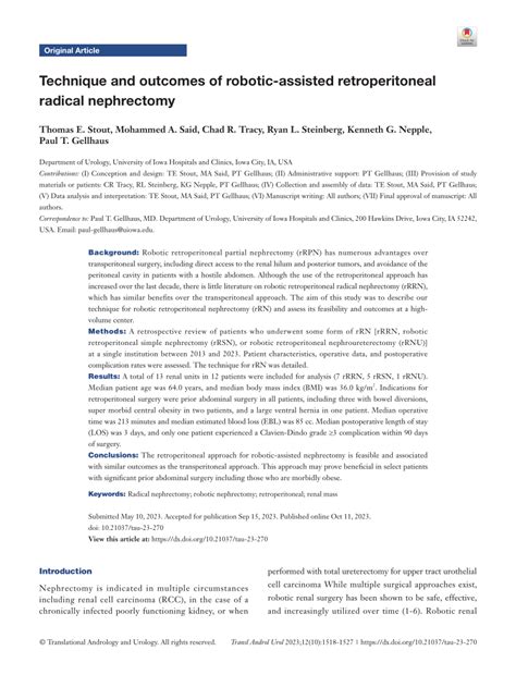 Pdf Technique And Outcomes Of Robotic Assisted Retroperitoneal