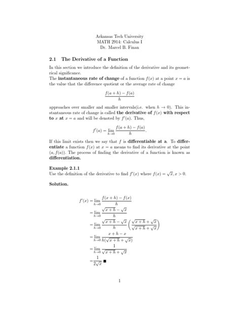 2 1 The Derivative Of A Function Pdf Derivative Function