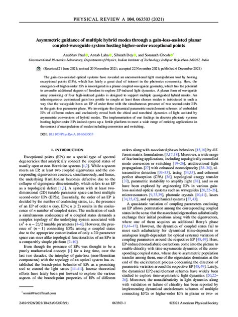 Pdf Asymmetric Guidance Of Multiple Hybrid Modes Through A Gain Loss Assisted Planar Coupled