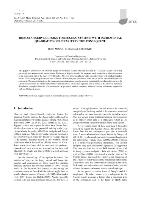 Pdf Robust Observer Design For Sugeno Systems With Incremental Quadratic Nonlinearity In The