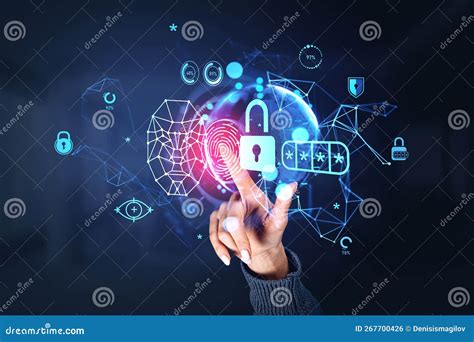 Woman Finger Biometric Scanning And Digital Hologram Security And Data Access Stock