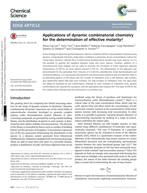 Pdf Applications Of Dynamic Combinatorial Chemistry For The Determination Of Effective Molarity