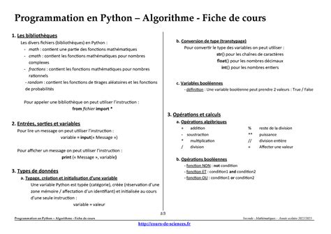 Python Algorithmes Programmation En Python Algorithme Fiche De Cours 1 Les Bibliothèques