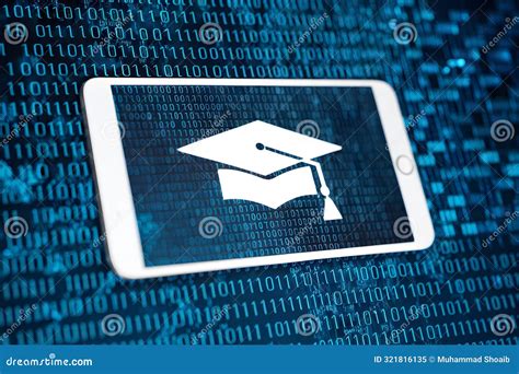 Digital Device Displays Graduation Cap Icon With Binary Code Representing E Learning Stock