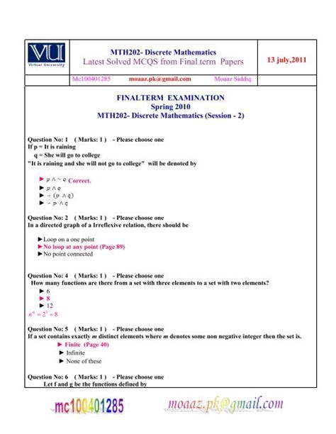 Mth202 Discrete Mathematics Latest Solved Mcqs From Vuzs