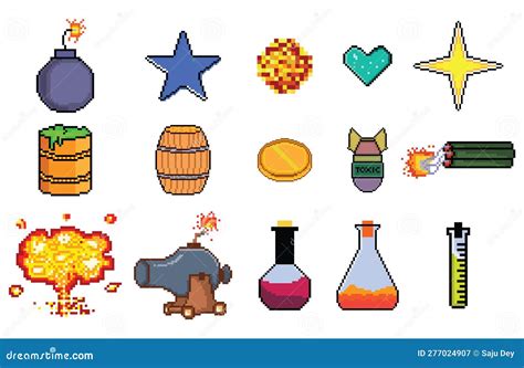 Bit Pixel Art Game Icon Set Ui Elements Pixel Set Game World And Pixel Scene Stock Vector