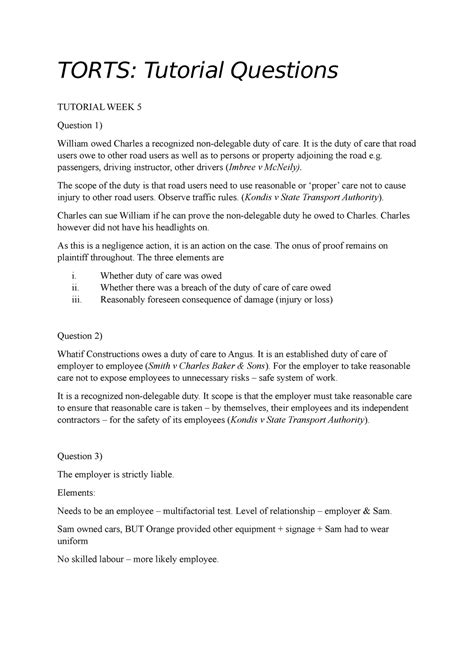 Torts Week Tutorial TORTS Tutorial Questions TUTORIAL WEEK Question William Owed