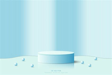 파란색 3d 실린더 연단 받침대는 물결 모양의 벽 배경과 구체 공으로 사실적입니다 쇼케이스를 위한 무대 3d 벡터 기하학적 플랫폼 3d 제품 디스플레이 프리젠 테이션 모형을