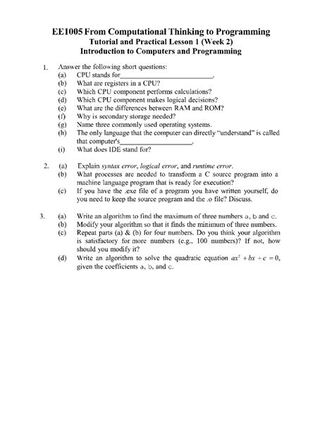Ee1005 Tut1 Tutorial 1 Questions And Answers Warning Tt Undefined Function 32 Warning Tt
