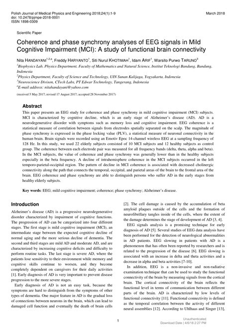 Pdf Coherence And Phase Synchrony Analyses Of Eeg Signals In Mild