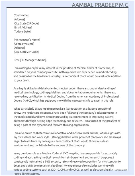 Cover Letter For Medical Coder Lazyapply