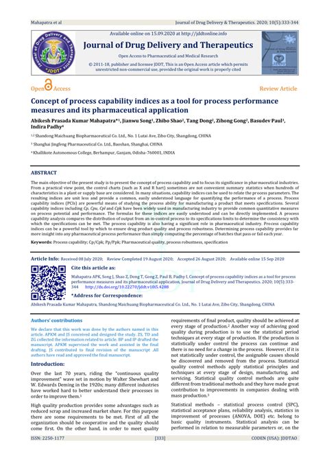 PDF Concept Of Process Capability Indices As A Tool For Process Performance Measures And Its