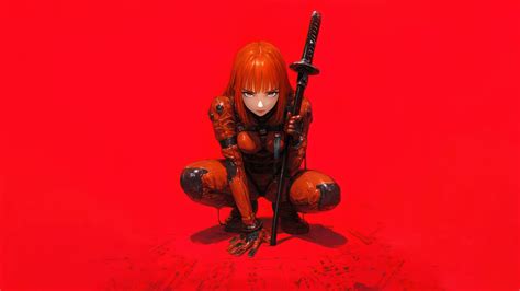 Anime Girl Red Hair Katana 4k 1900k Wallpaper Pc Desktop