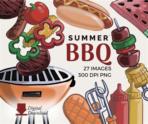 Summer Bbq Clipart Illustrations Grill Meat Veggies And Lemonade