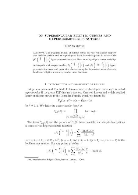 On Supersingular Elliptic Curves And Hypergeometric Functions