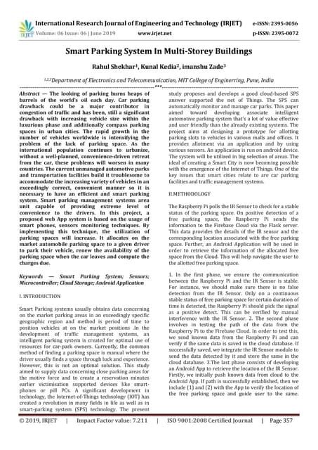 Irjet Smart Parking System In Multi Storey Buildings Pdf