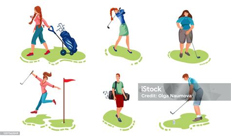 잔디에 골프를 치는 다른 사람들의 집합입니다 플랫 만화 스타일의 벡터 일러스트레이션 골프에 대한 스톡 벡터 아트 및 기타 이미지 골프 사람들 골프 선수 Istock