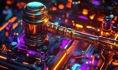 Digital Gavel On Glowing Circuit Board Representing Technology And Law Intersection Stock Image