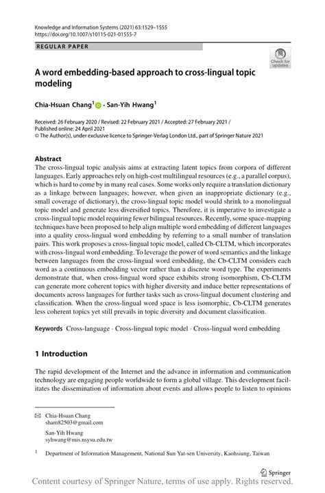A Word Embedding Based Approach To Cross Lingual Topic Modeling Request Pdf