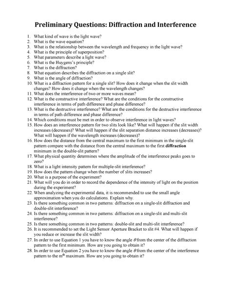 Preliminary Questions For Diffraction And Interference Laboratory Preliminary Questions Studocu