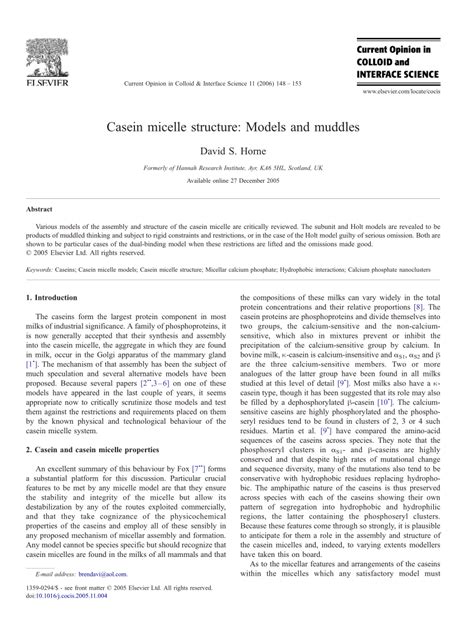 Pdf Casein Micelle Structure Models And Muddles