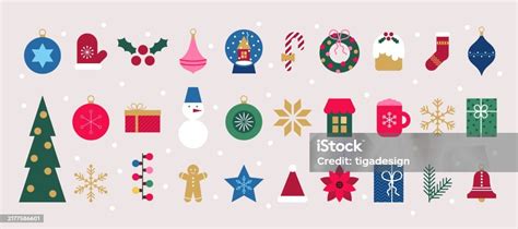 크리스마스 미니멀리스트 기하학적 요소 세트입니다 현대 크리스마스 추상 아이콘과 상징 새해 휴일 장식 간단한 평면 벡터 그림입니다 벙어리 장갑에 대한 스톡 벡터 아트 및 기타