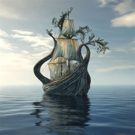 A Fantastical Ship With Tree Like Sails Floating On Calm Waters Stock Photo Image Of Sailing