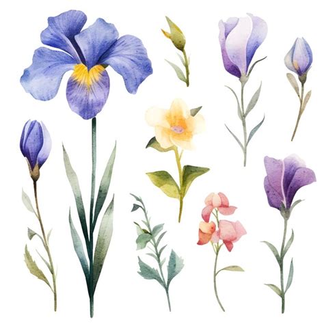 수채화 꽃 아이리스 식물 그림 프리미엄 Ai 생성 벡터