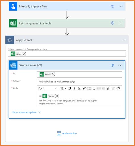 using “apply to each” control to perform mail merge with power automate