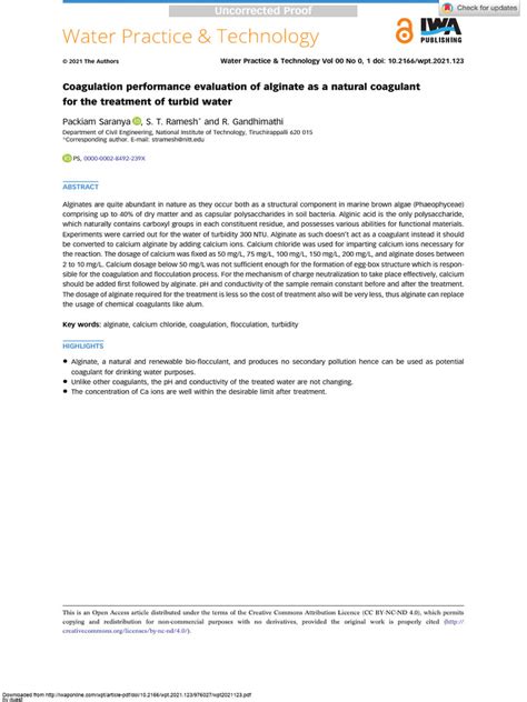 Coagulation Performance Evaluation Of Alginate As Pdf