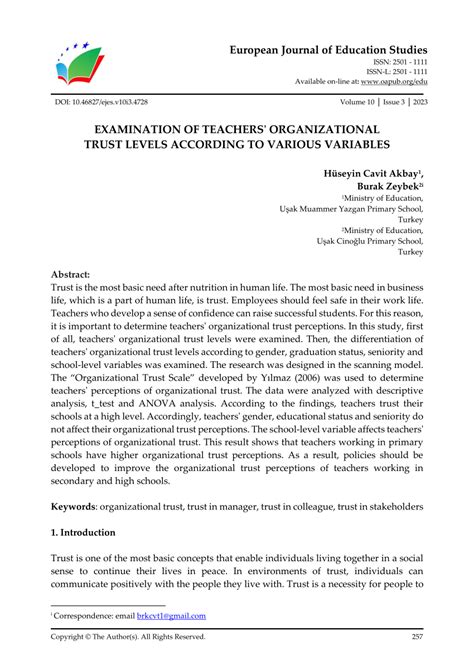 Pdf Examination Of Teachers Organizational Trust Levels According To Various Variables