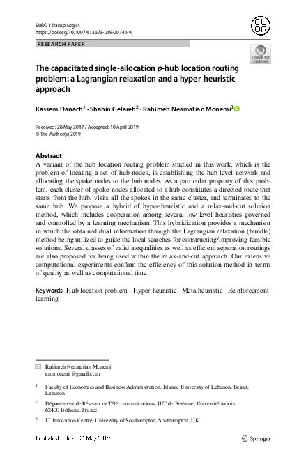 Pdf The Capacitated Single Allocation P Hub Location Routing Problem
