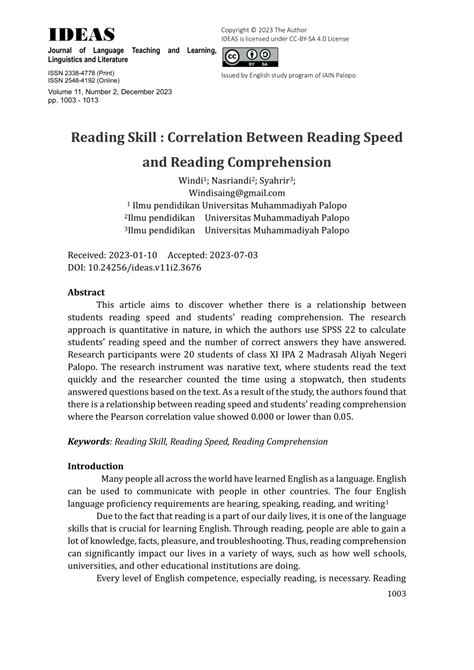 Pdf Reading Skill Correlation Between Reading Speed And Reading Comprehension
