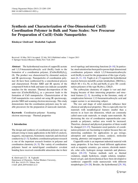 Pdf Synthesis And Characterization Of One Dimensional Cuii Coordination Polymer In Bulk And