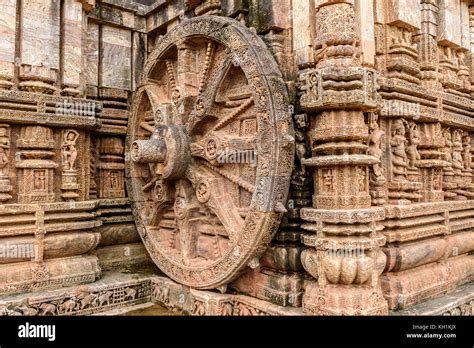 Close Up Of Intricate Carvings On A Stone Wheel In The Ancient Hindu