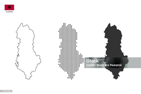 얇은 블랙 윤곽선 단순 스타일 블랙 닷 스타일과 다크 섀도우 스타일에 의해 알바니아지도 도시 벡터의 3 버전 모든 흰색 배경에 개념에 대한 스톡 벡터 아트 및 기타 이미지