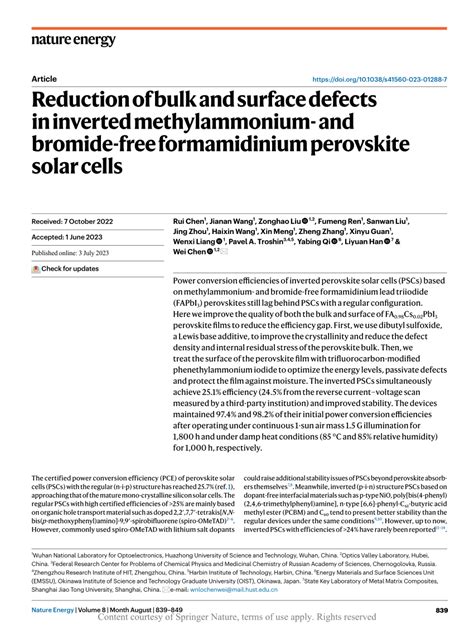 Reduction Of Bulk And Surface Defects In Inverted Methylammonium And Bromide Free Formamidinium