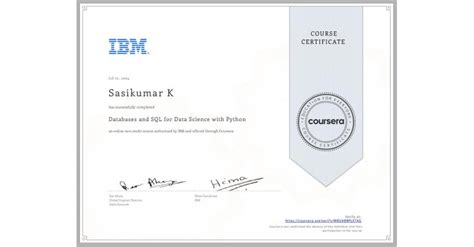 Sasikumar Kandhasamy On Linkedin Completion Certificate For Databases And Sql For Data Science