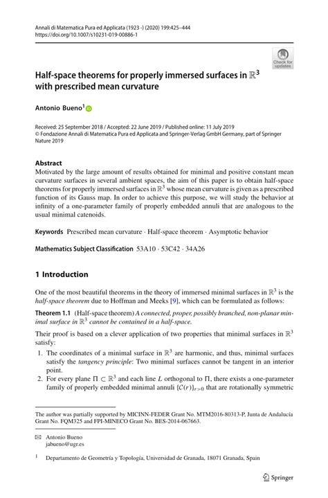 Pdf Half Space Theorems For Properly Immersed Surfaces In { Mathbb {r}} {3} R 3 With