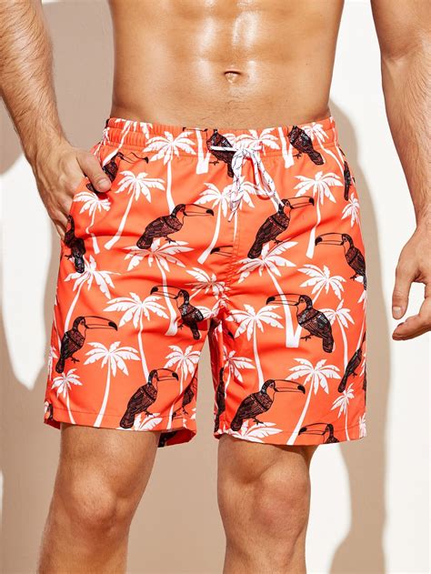 Men Random Bird And Palm Tree Print Drawstring Waist Swim Trunks Swim