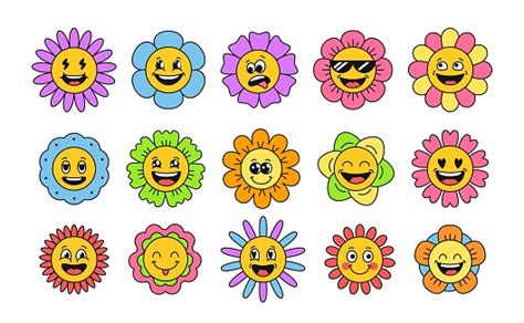 그루비 한 꽃 얼굴 행복 미소 데이지와 웃는 만화 해바라기 귀여운 히피 복고풍 펑키 꽃과 긍정적 인 꽃 이모티콘 스티커 고립 된 벡터 일러스트 레이 션 세트 1960