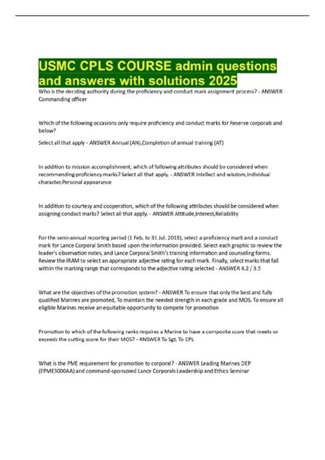 Usmc Cpls Course Admin Questions And Answers With Solutions 2025 Corporals Course Stuvia Us
