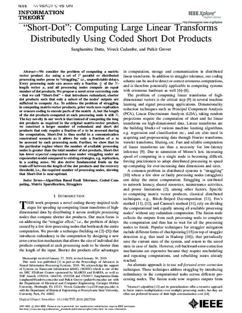 pdf “short dot” computing large linear transforms distributedly using coded short dot