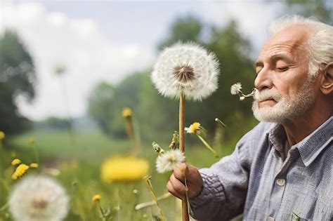 Premium Photo Old Man Blowing Dandelion In Nature
