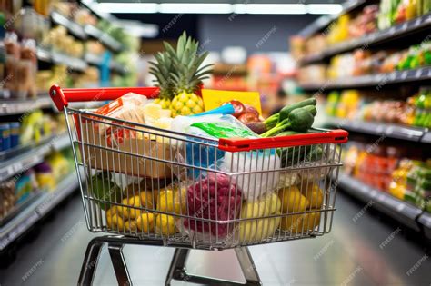 Carrinho De Supermercado Cheio No Corredor Do Supermercado Alta Perspectiva Interior Layout