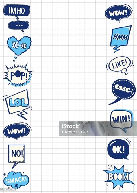 패턴 배경입니다 파란색과 흰색 색상에 낙서 연설 거품과 노트북 시트 케이지에 용지를 세로로 향하게 합니다 만화 스타일의 벡터 일러스트 레이 션 0명에 대한 스톡 벡터 아트