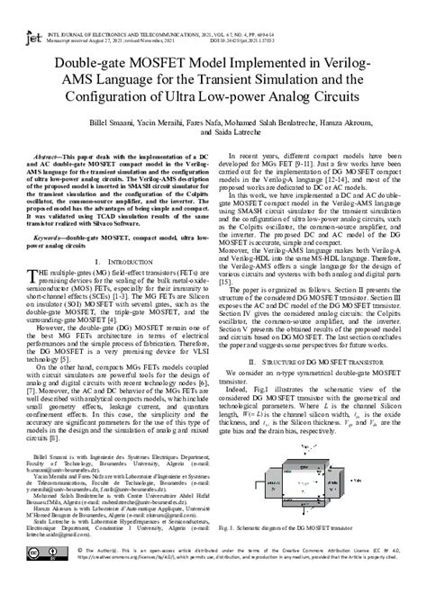 Pdf Double Gate Mosfet Model Implemented In Verilog Ams Language For