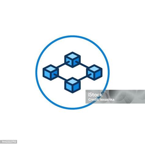 원형 벡터 개념의 블록 체인 파란색 아이콘 또는 4 개의 블록 라운드 기호가있는 블록 체인 4가지 개체에 대한 스톡 벡터 아트 및 기타 이미지 4가지 개체 개념 검증