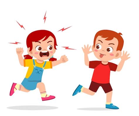 나쁜 어린 소년이 실행하고 화난 친구에게 얼굴을 찡그린 얼굴을 보여줍니다 프리미엄 벡터