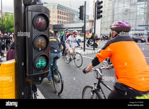 Cycle Traffic Lights And Cyclists On North South Cycle Superhighway